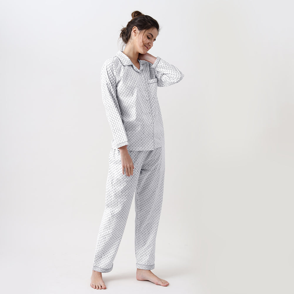 Women Jade Blockprint Pajama Set (Grey) | Little West Street